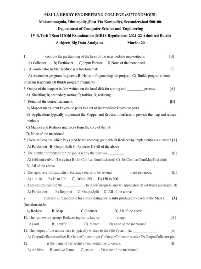 Big Data Analytics Exam Questions | PDF | Apache Hadoop | Map Reduce