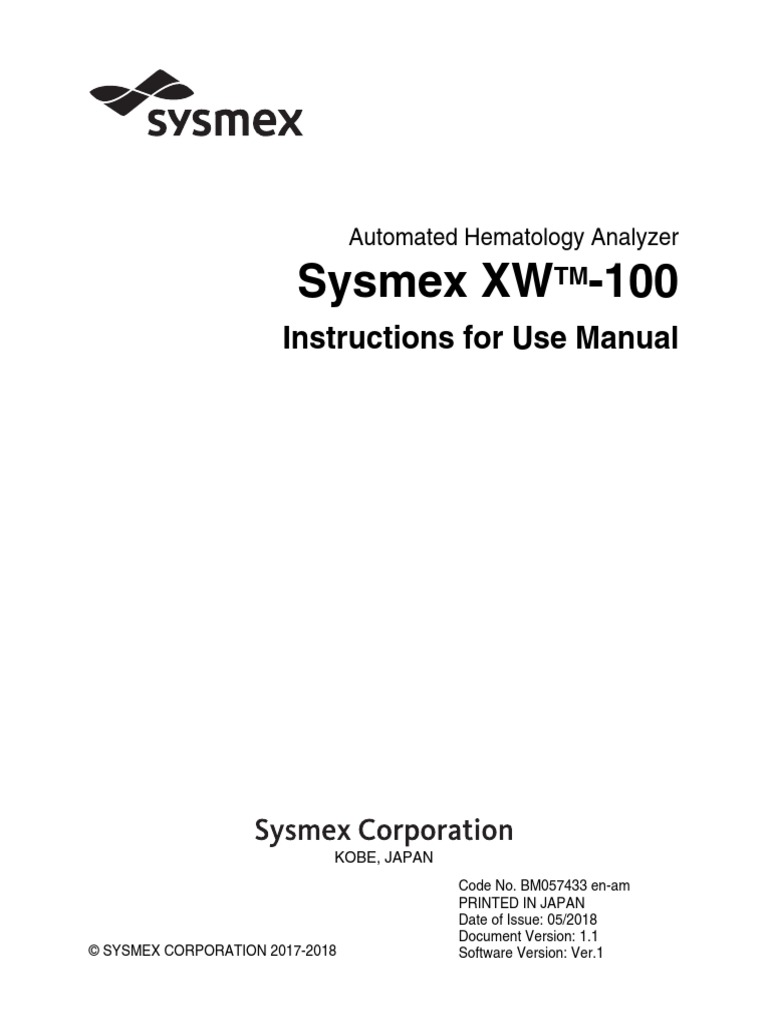 Sysmex XW - 100: Instructions For Use Manual | PDF | White Blood Cell ...