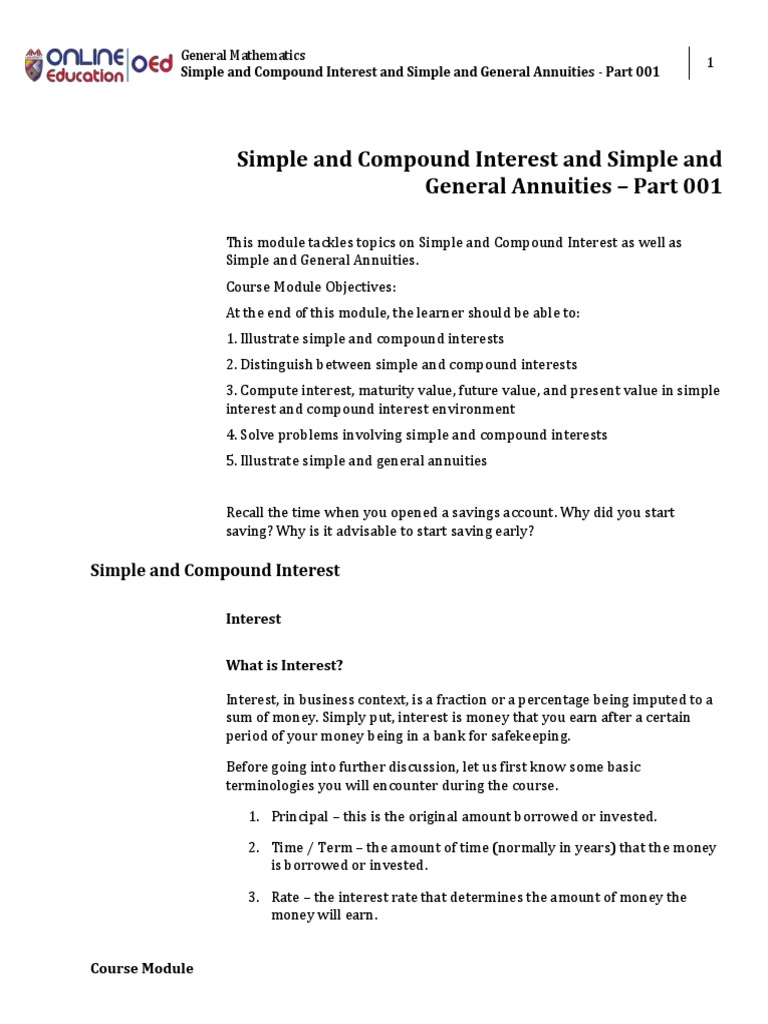 Week 011-Module Key Concepts of Simple and Compound Interests, and ...