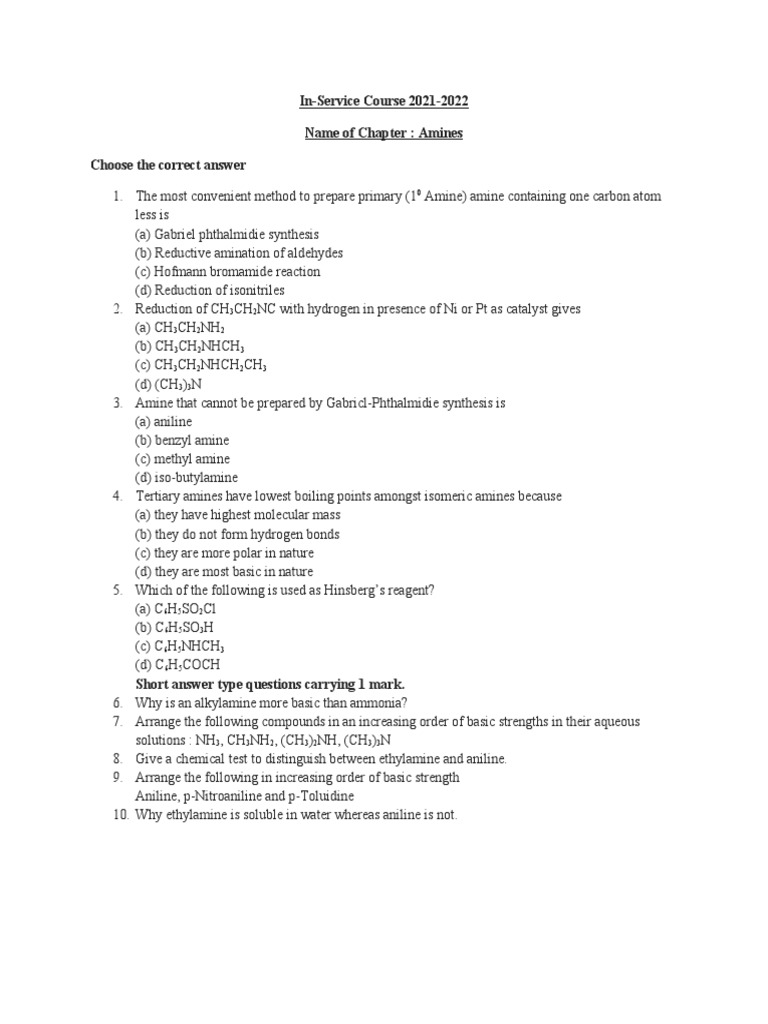 Worksheet of Chapter Amine | PDF | Amine | Chemistry