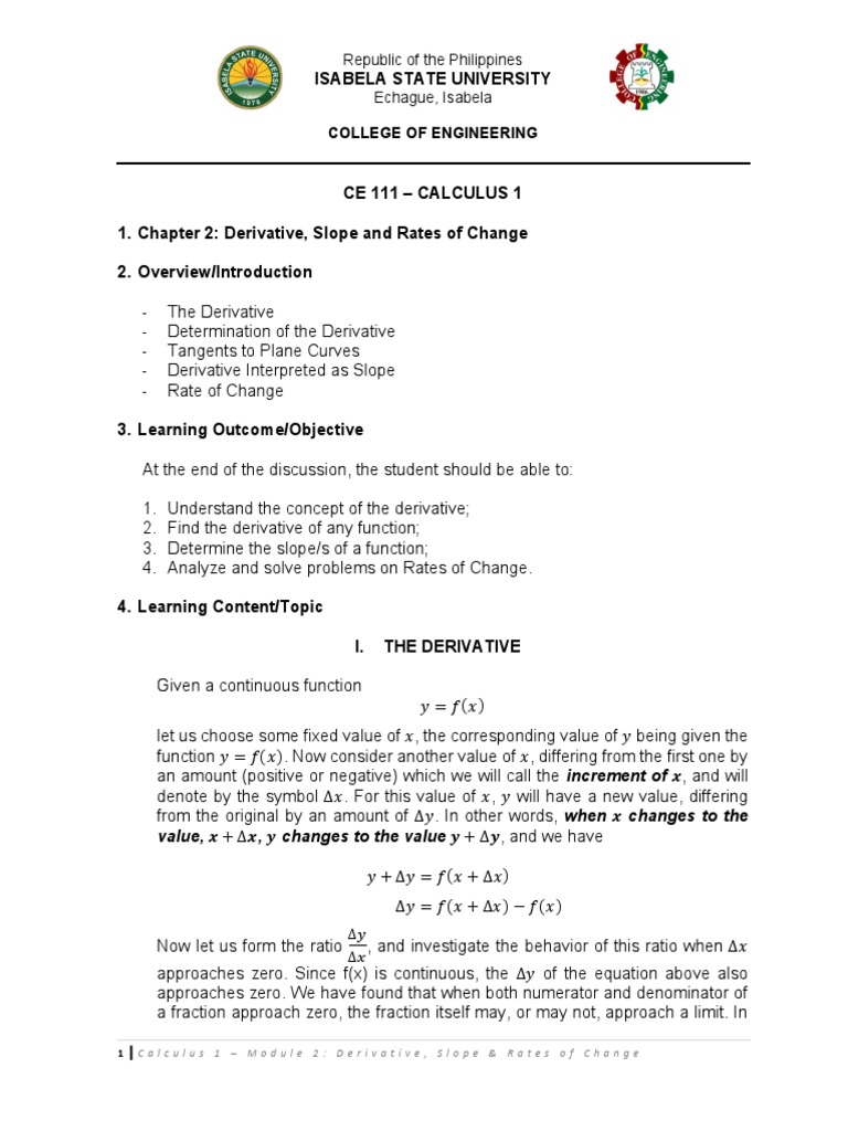 Diff. Calc. Module 2 Derivative. Slope - Rates of Change | PDF ...