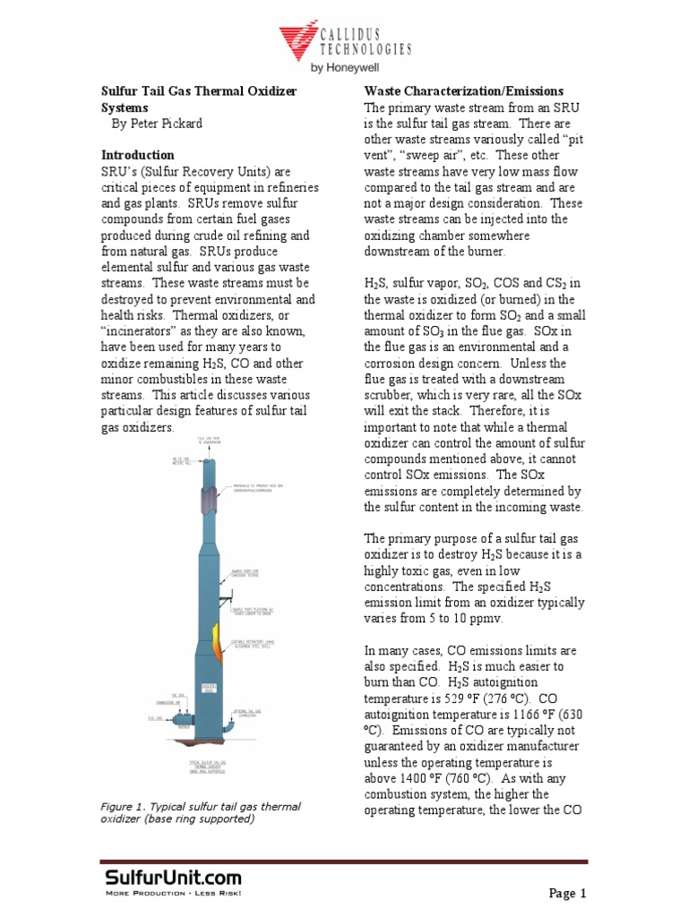 Sulfur Tail Gas Thermal Oxidizer Systems Pickard Callidus Technologies ...