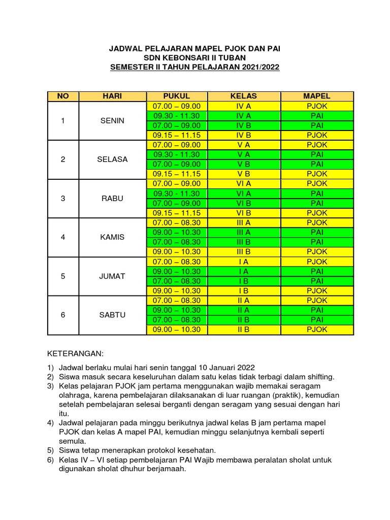 Jadwal Pelajaran Mapel Pjok Dan Pai | PDF