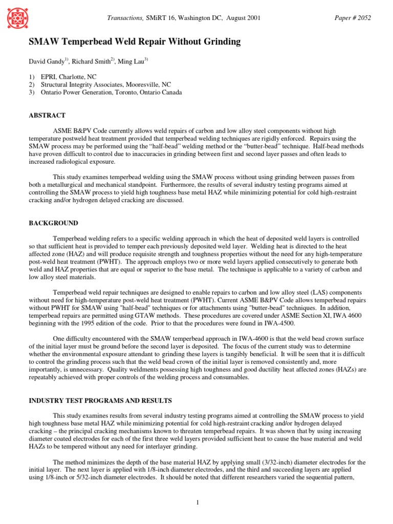 SMAW Temper Bead Weld Repair Without Grinding | PDF | Welding ...