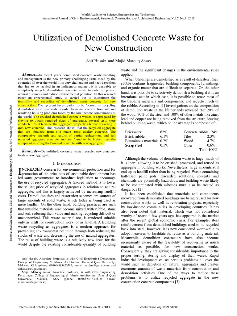 Recycling Demolished Concrete Waste | PDF | Concrete | Construction ...