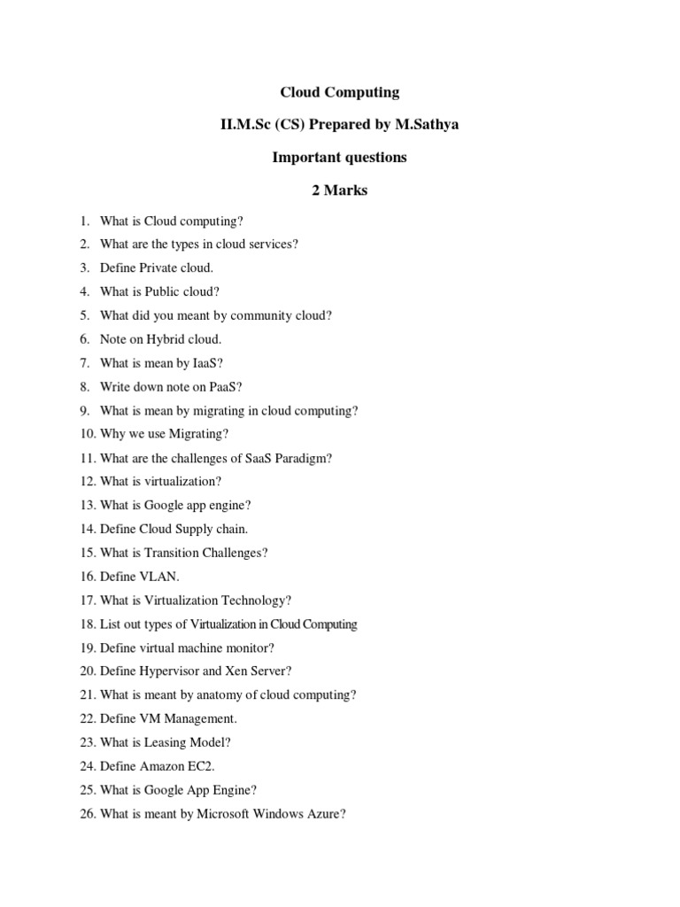 Cloud Computing II.M.Sc (CS) Prepared by M.Sathya Important Questions 2 Marks | Download Free ...