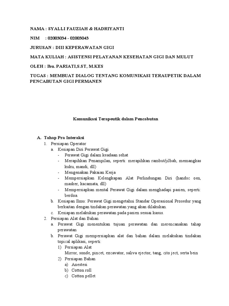 Dialog Pencabutan Gigi Permanen Syalli Fauziah Dan Hadriyanti | PDF