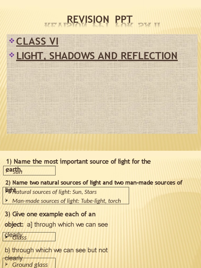 Revision PPT Class Vi Light, Shadows and Reflection | PDF | Shadow | Reflection (Physics)