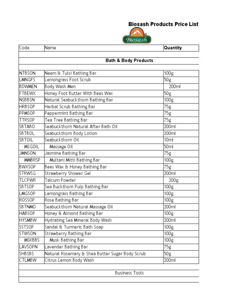 Biosash Products Price List | PDF