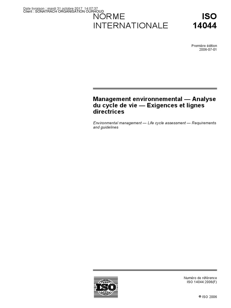Iso 14044 | PDF | Analyse du cycle de vie | Organisation internationale de normalisation