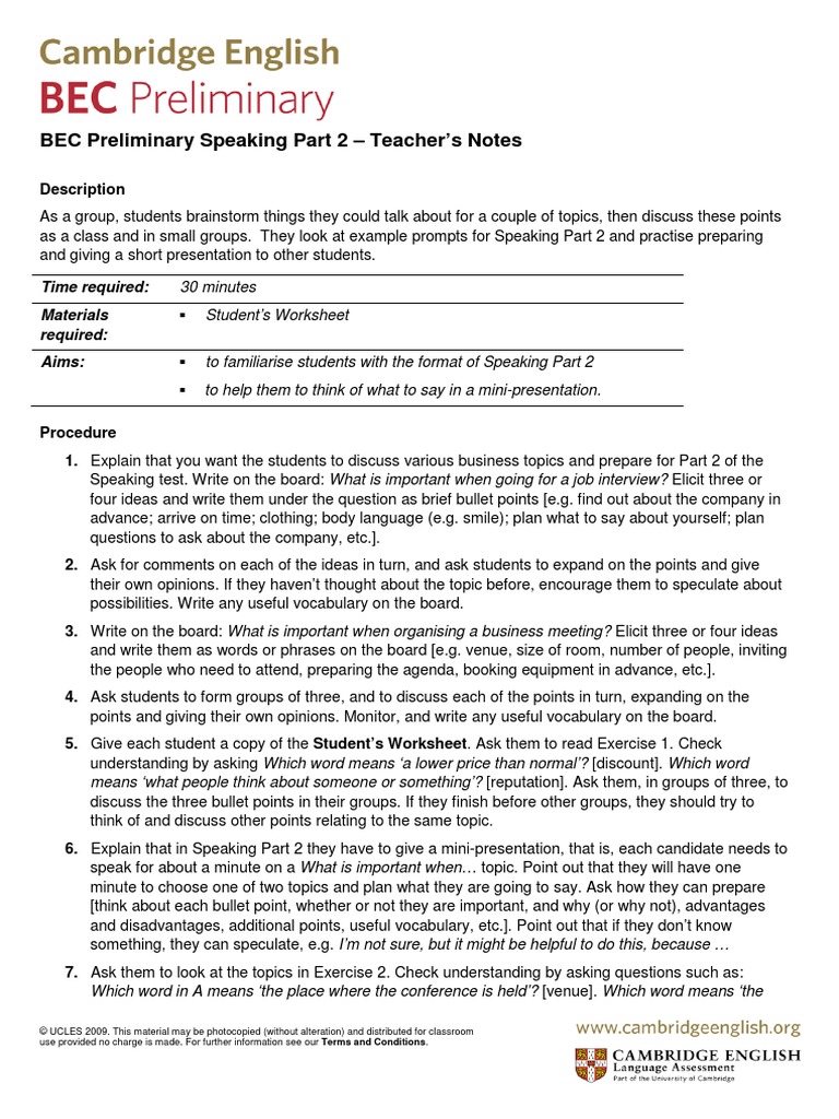 Cambridge English Business Preliminary Bec Preliminary Speaking Part 2 ...