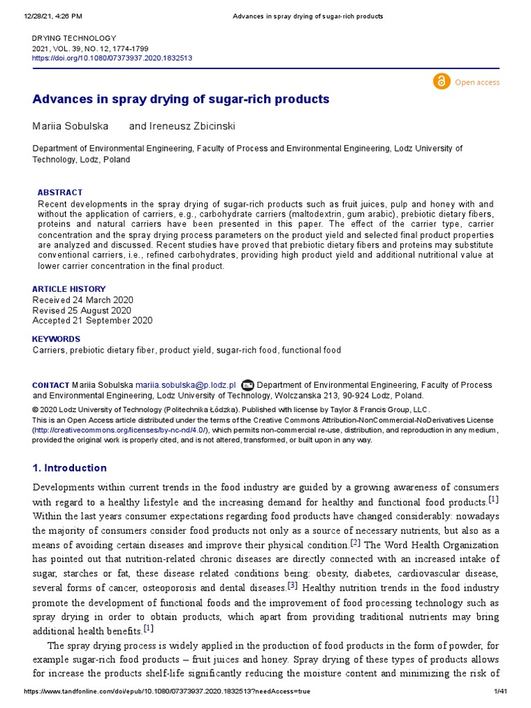 Advances in Spray Drying of Sugar-Rich Products | PDF | Foods | Chemistry