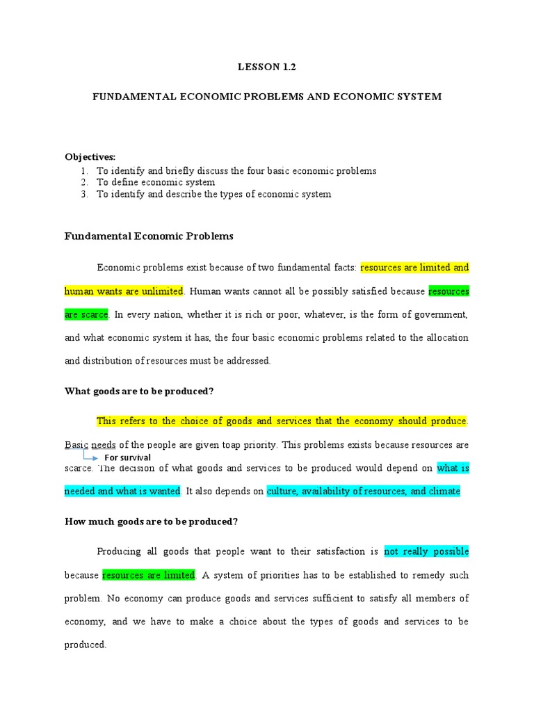 Lesson 1.2 Fundamental Economic Problems and Economic System | Download ...