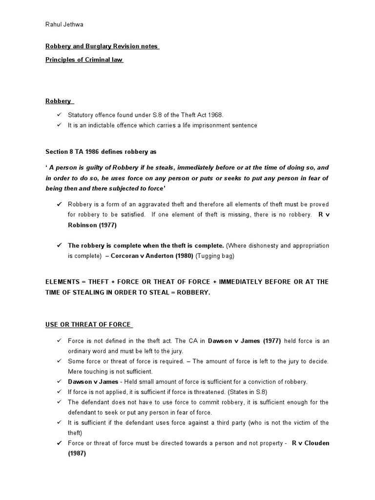 Criminal Law: Robbery & Burglary Notes | PDF | Robbery | English Law