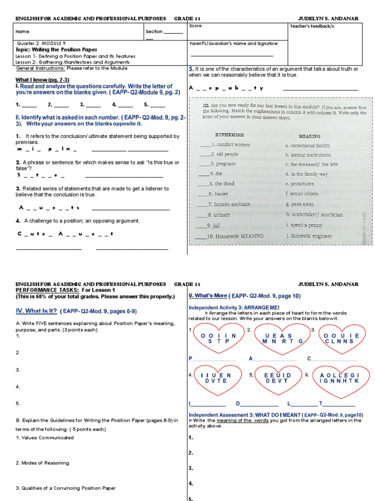 Eapp Worksheets Q2 - Module Lesson 9 | PDF | Argument | Communication