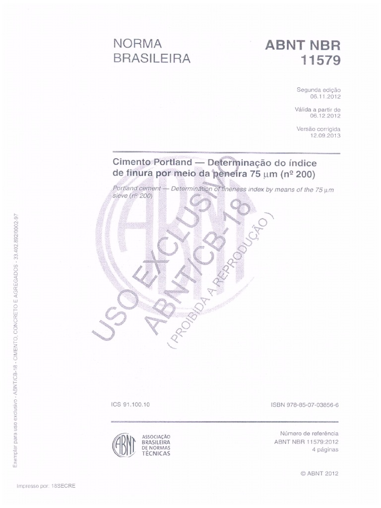 Item A) 'Cimento - Determinação Do Índice de Finura' (ABNT NBR 11579 ...