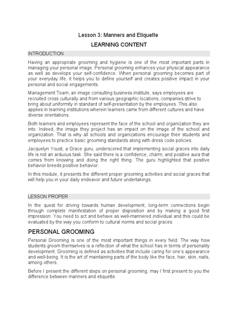 Lesson 3: Manners and Etiquette: Learning Content | PDF | Nail (Anatomy ...