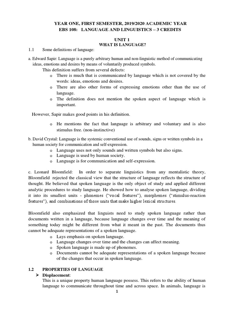 Language and Linguistics Unit 1 | PDF | Communication | Linguistics