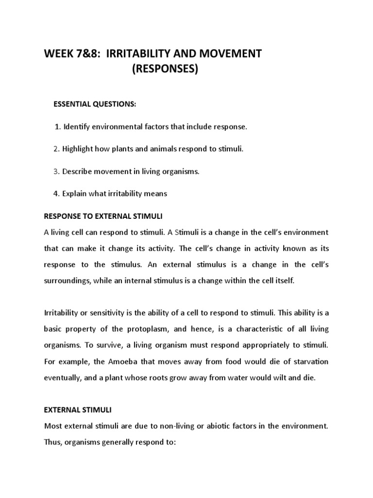 Irritability and Movement in Organisms | PDF | Stimulus (Physiology ...