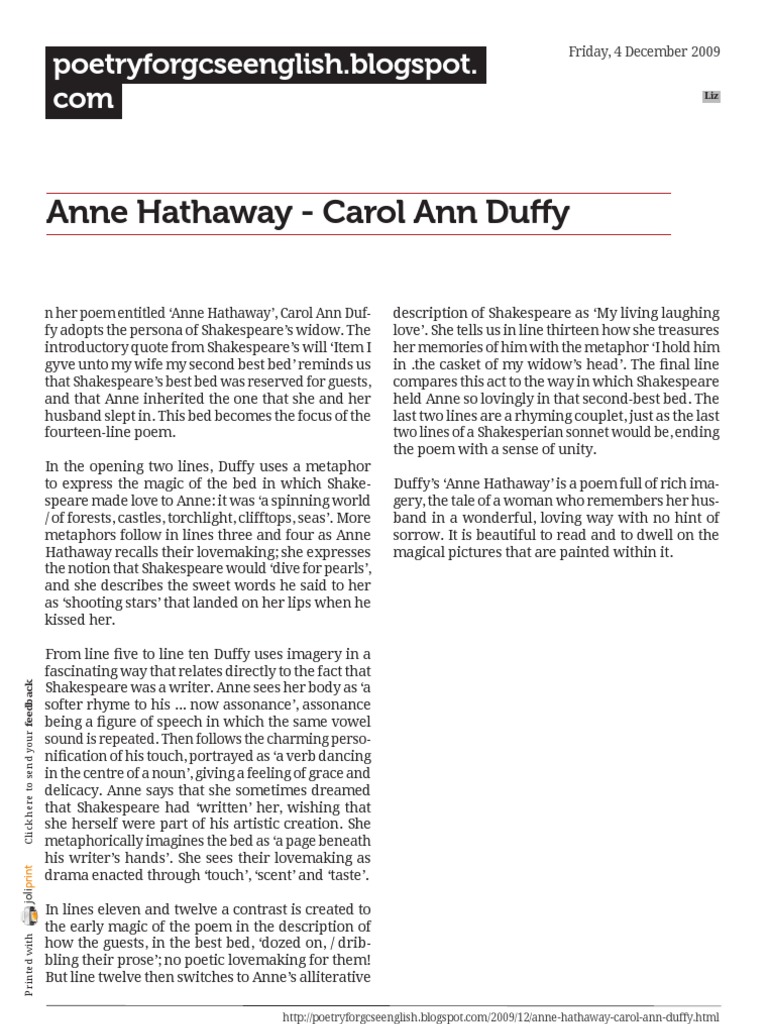 Poetryforgcseenglish.blogspot.com Anne Hathaway Carol Ann Duffy ...