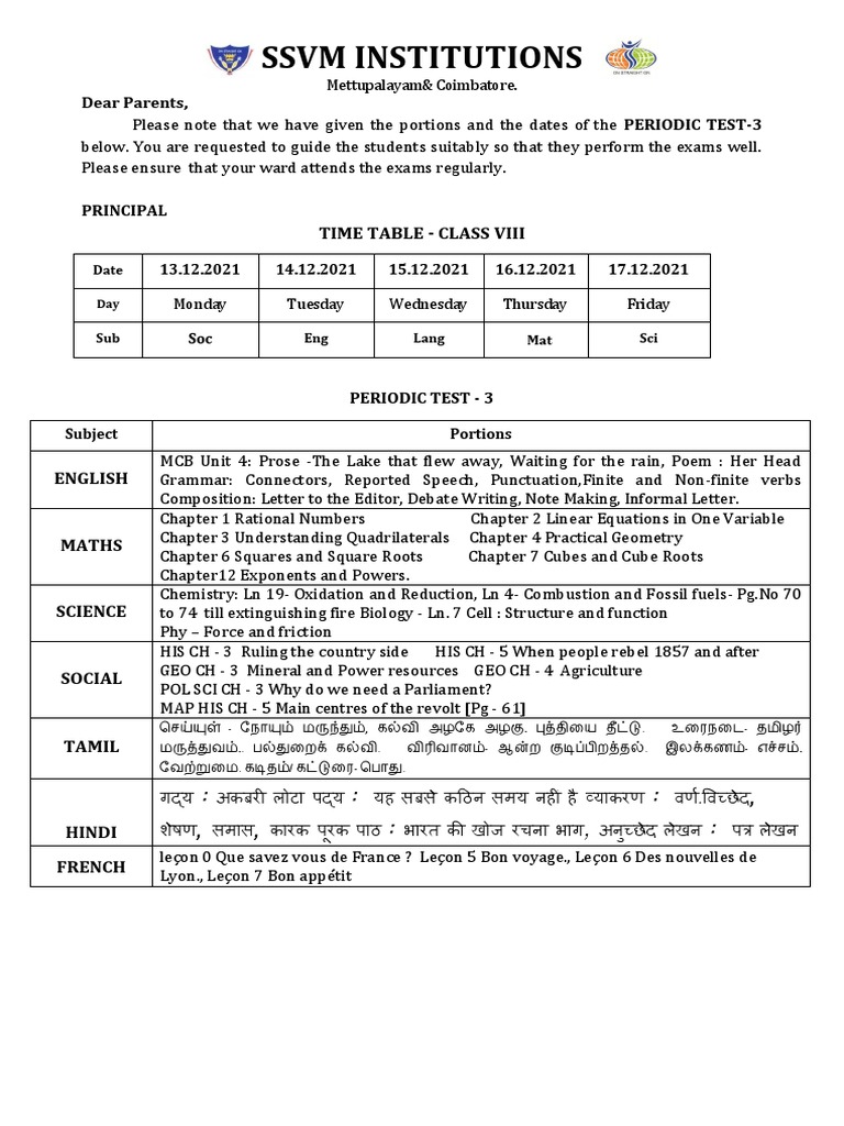 Class VIII Periodic Test 3 Timetable | PDF