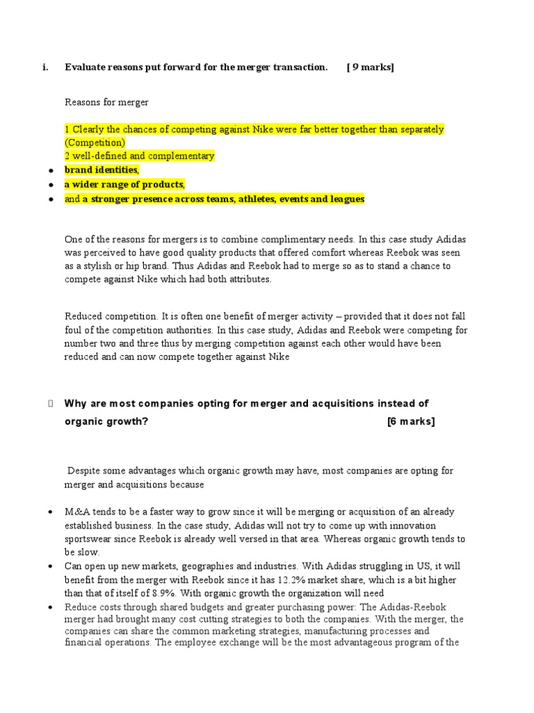 Adidas-Reebok M & A Case Study | PDF | Mergers And Acquisitions | Competence (Human Resources)