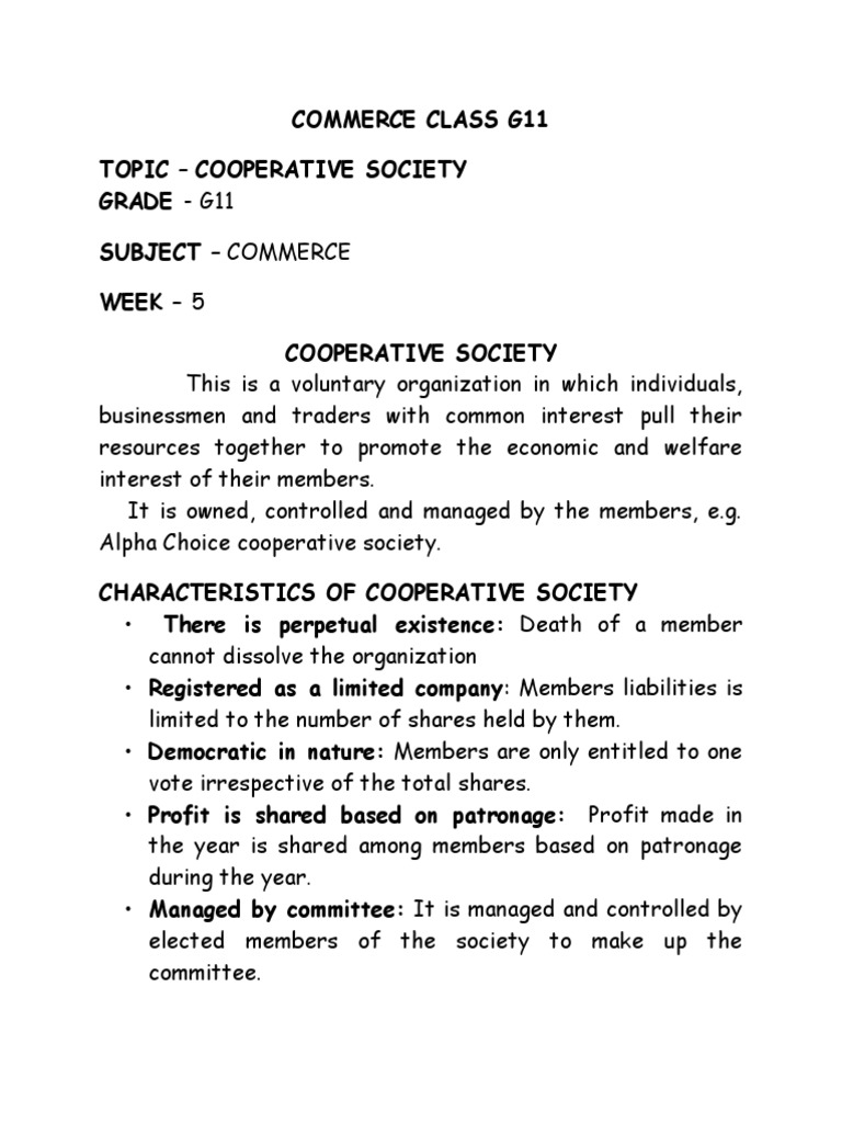 Commerce Class G11 Topic - Cooperative Society Grade - G11 Subject ...