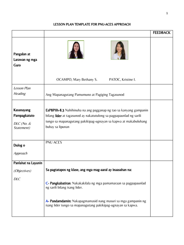 Lesson Plan Template For Pnu-Aces Approach | PDF