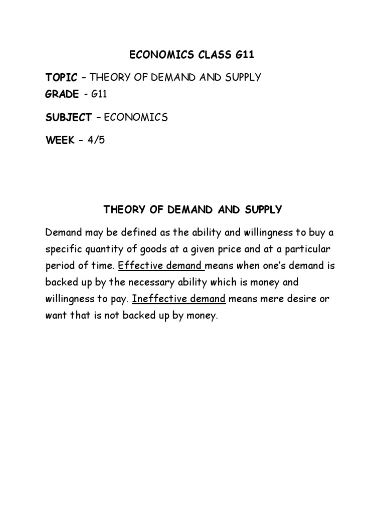 Economics Class G11 Topic - Theory of Demand and Supply Grade - G11 ...