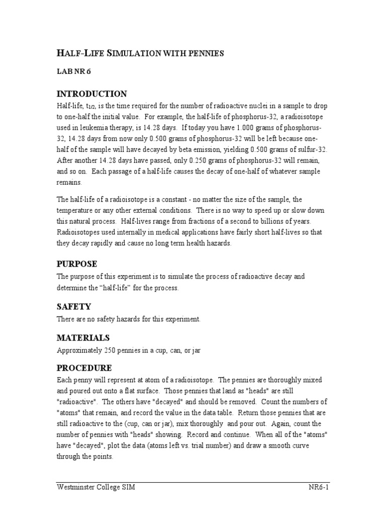 Half Life Simulation With Pennies | PDF | Radioactive Decay | Radionuclide