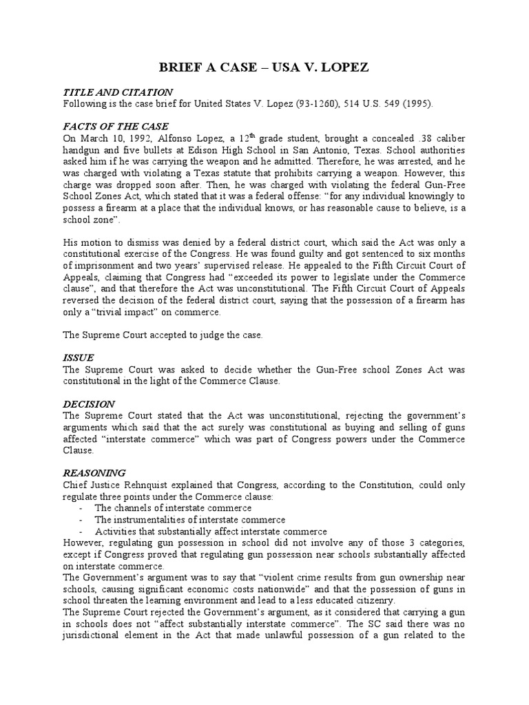 Brief A Case | PDF | Commerce Clause | United States V. Lopez