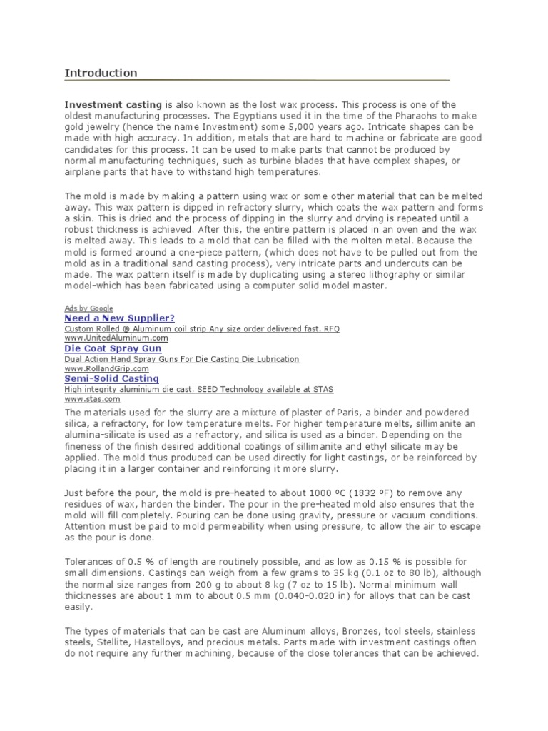 Investment Casting | PDF | Casting (Metalworking) | Process Engineering