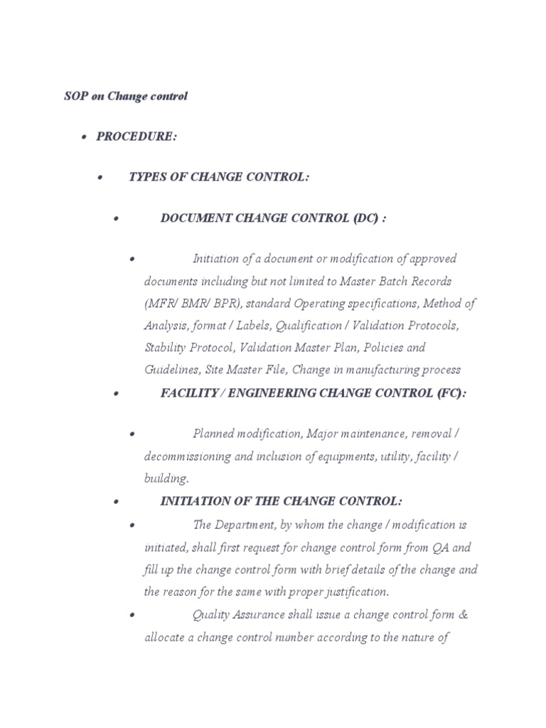 Procedure: : SOP On Change Control | Download Free PDF | Specification ...