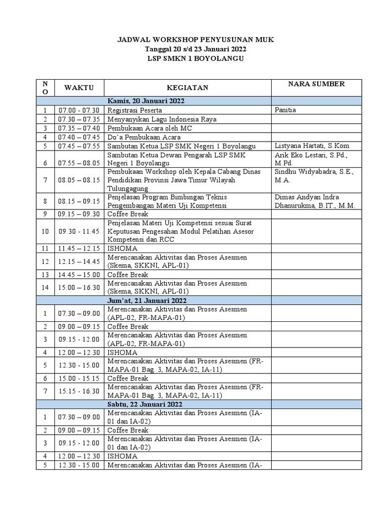 Jadwal Workshop Penyusunan MUK | PDF | Teknologi & Rekayasa