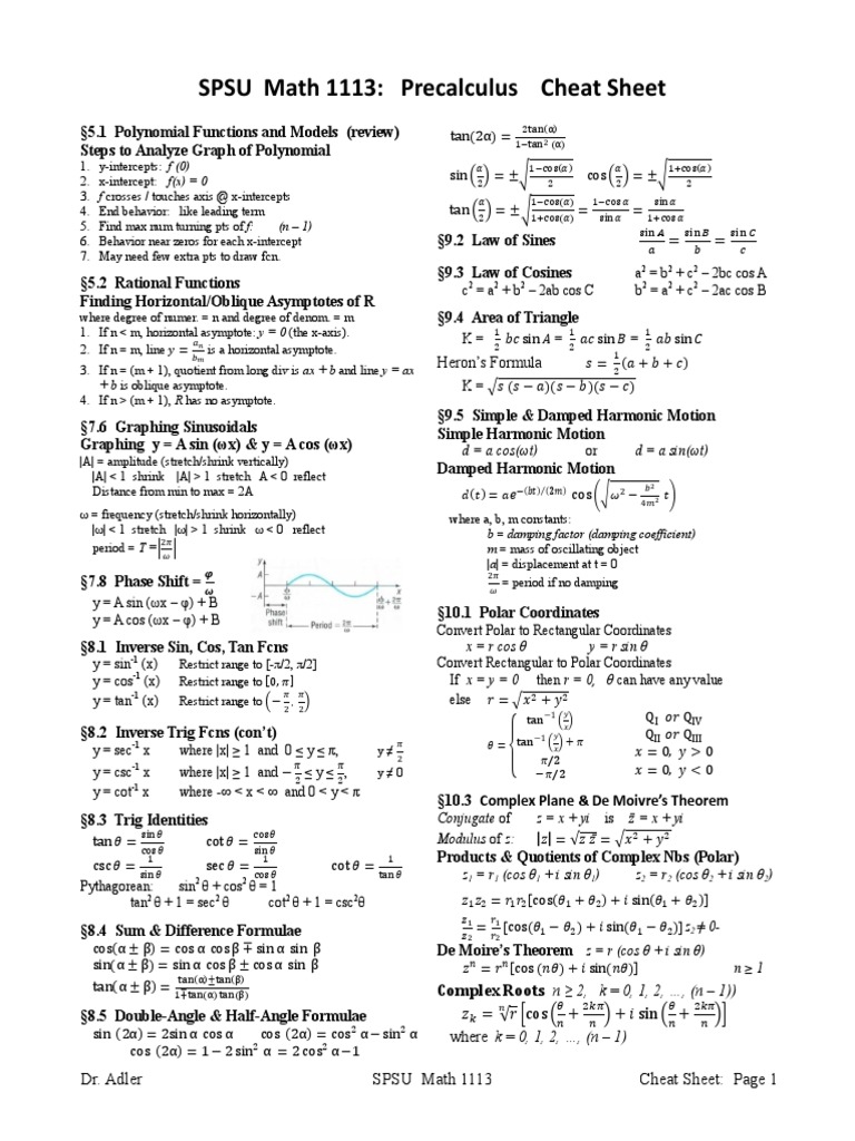 Dr. Adler SPSU Math 1113 Cheat Sheet: Page 1 | PDF | Matrix ...