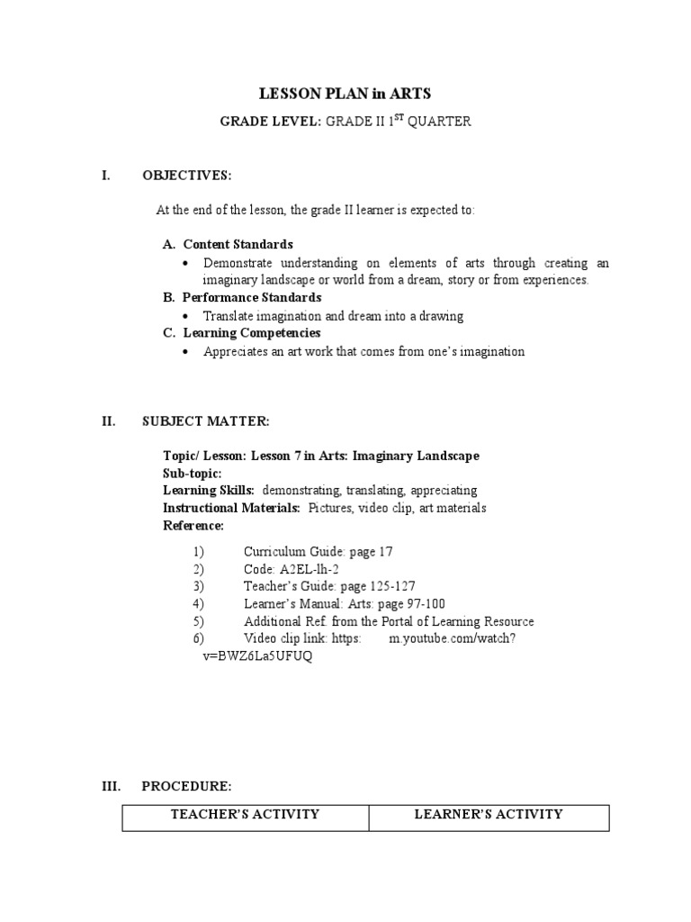 DETAILED LESSON PLAN in ARTS (Grade-2) by Allan Balute | PDF | Lesson ...