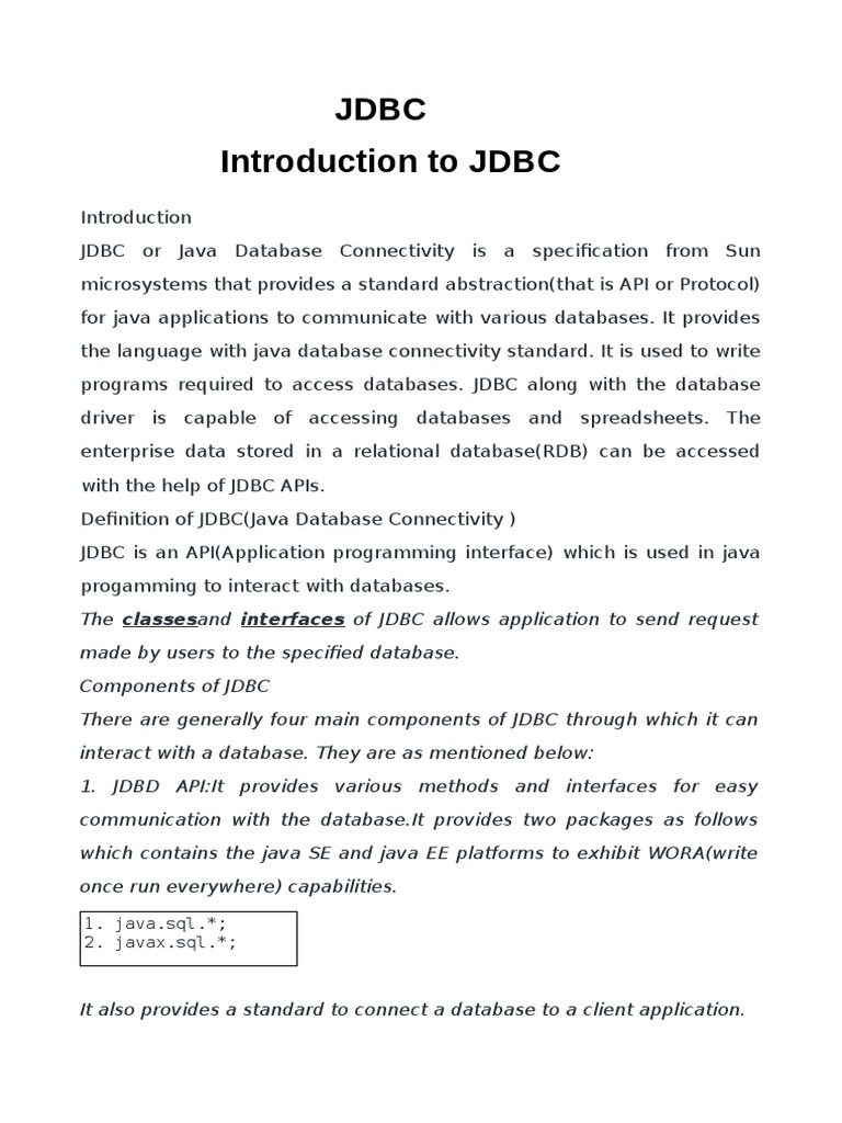 JDBC Introduction To JDBC: 1. Java - Sql. 2. Javax - Sql. | PDF | Databases | Information ...