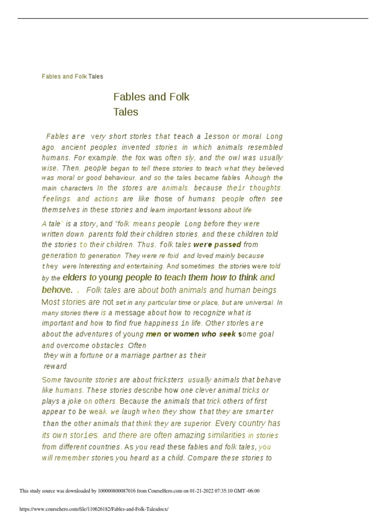 Fables and Folk Tales: Lessons in Life | PDF | Fable | Human