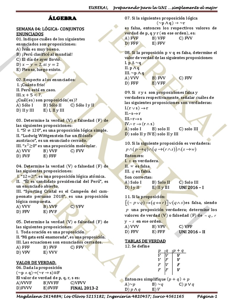Algebra 04 Logica-Conjuntos | PDF | Proposición | Verdad