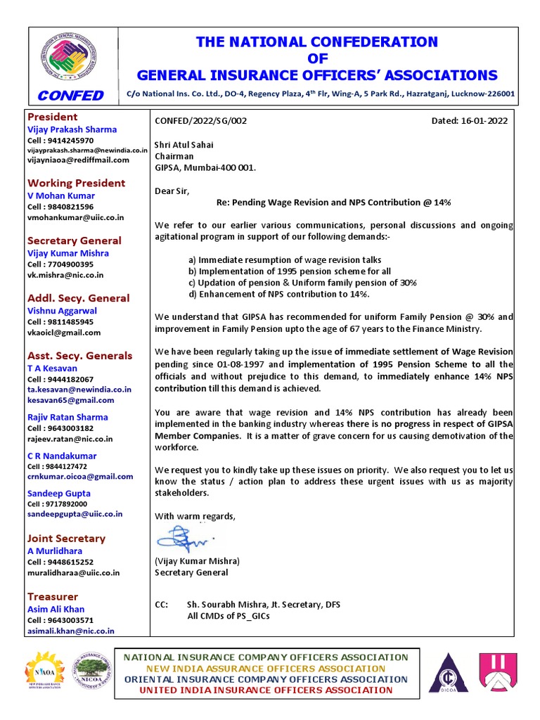 002 Letter To GIPSA On Wage Revision and 14% NPS Contribution | PDF ...