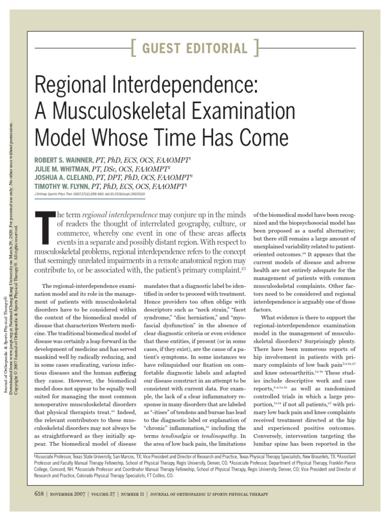 Regional Interdependence: A Musculoskeletal Examination Model Whose ...