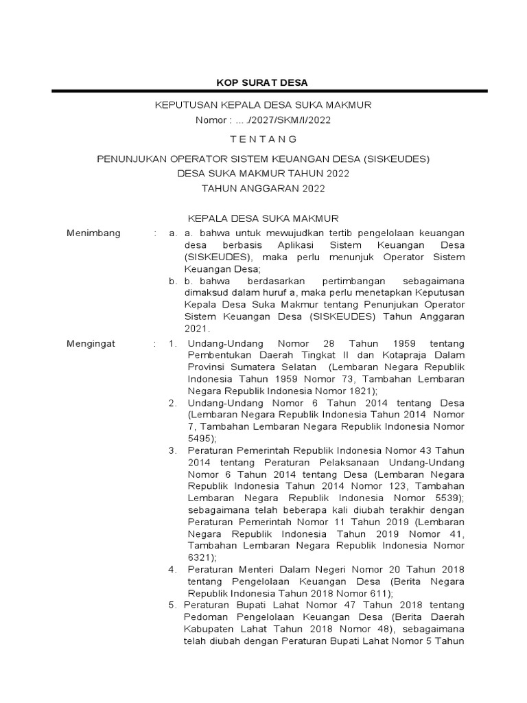 Format SK OPERATOR SISKEUDES 2022 | PDF