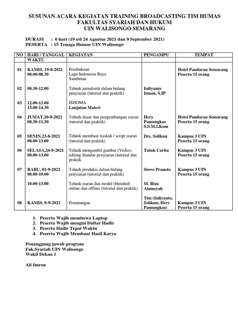 Jadwal Kegiatan Training Broadcasting Tim Humas 19 Agustus SD 9 ...