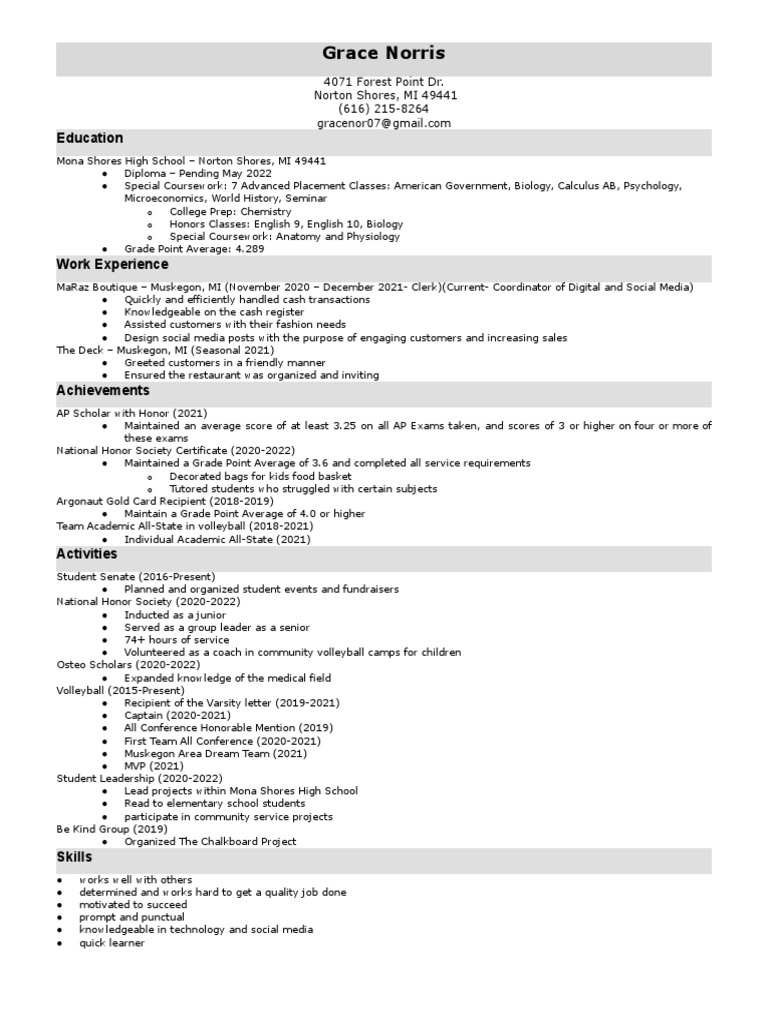 Grace Norris Resume | PDF | Advanced Placement