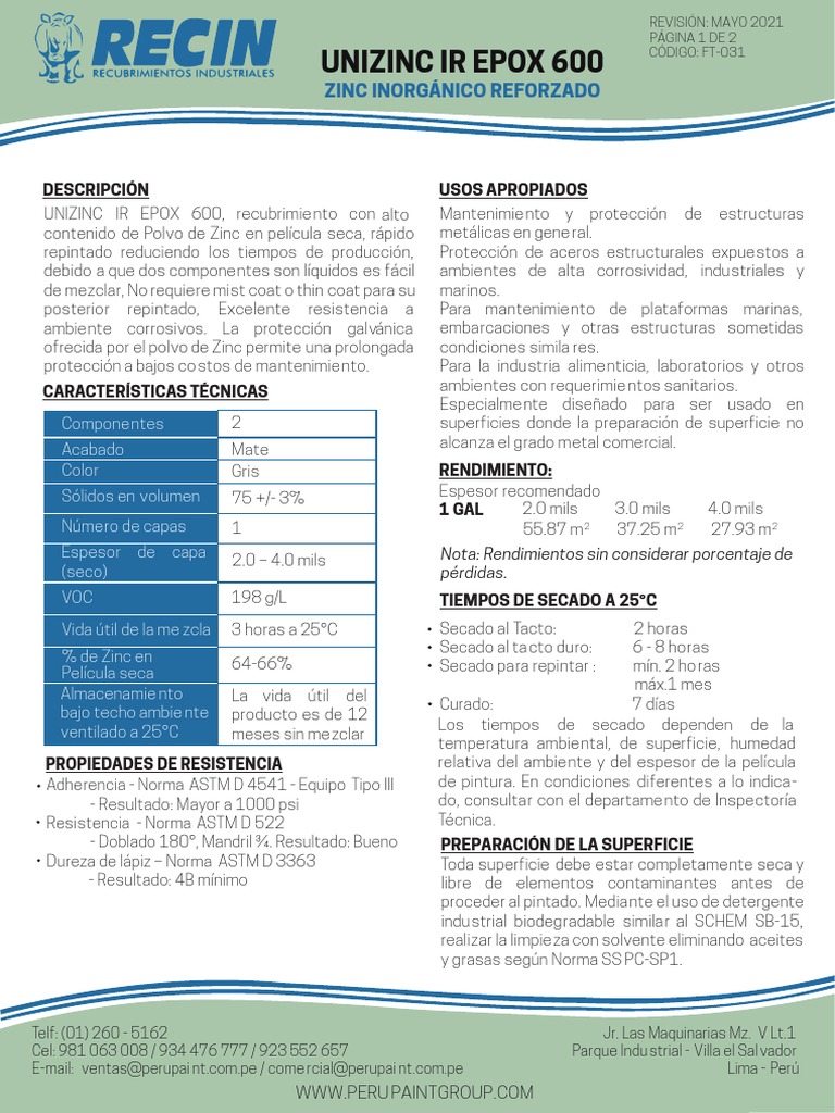 FT-031 Unizinc Ir Epox 600 | PDF | Ciencias fisicas | Sustancias químicas