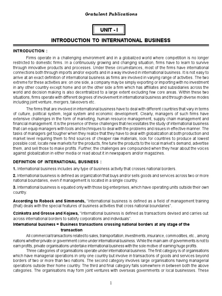 Introduction To International Business Unit - I: Gratulent Publications ...