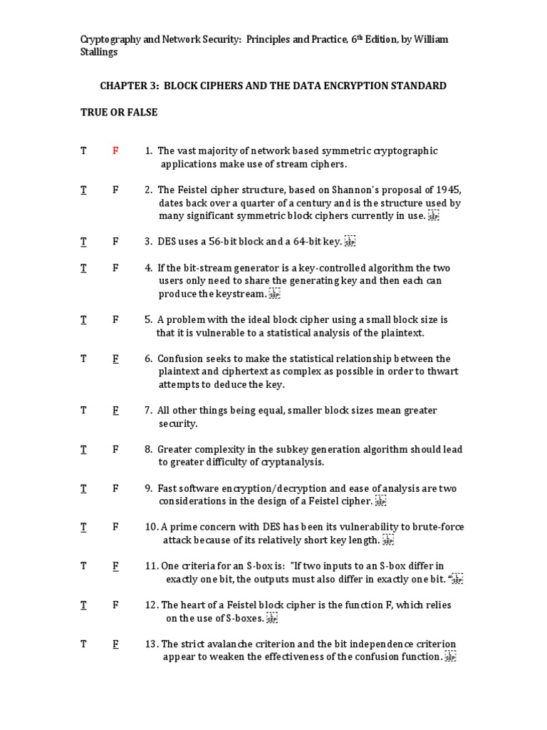 Chapter 3: Block Ciphers and The Data Encryption Standard True or False | PDF | Cryptography ...