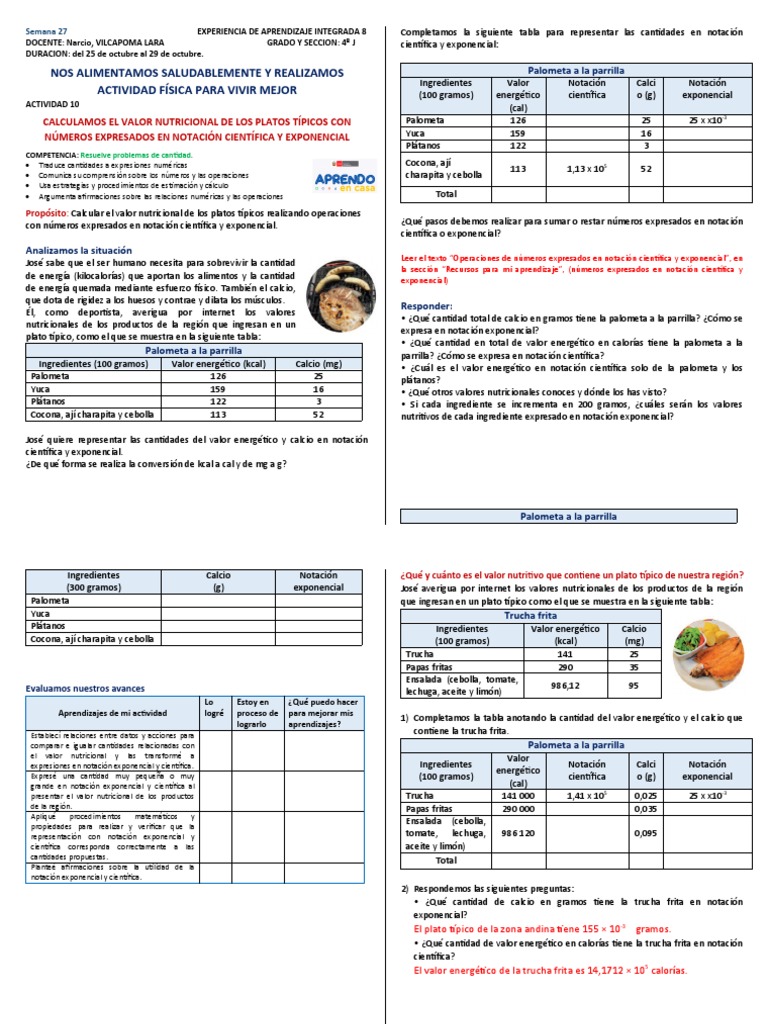 Exper 8 Sem 27 Act 10 4º | PDF | Caloría | Alimentos