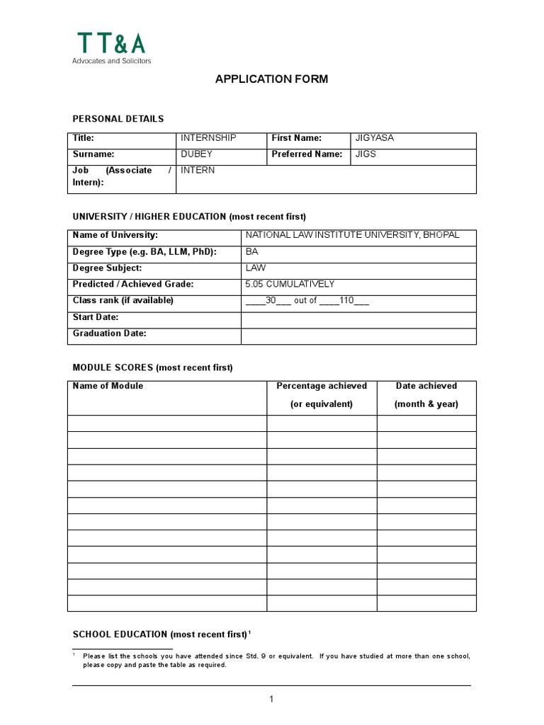 TT&A Application Form | PDF | Academic Degree | Internship