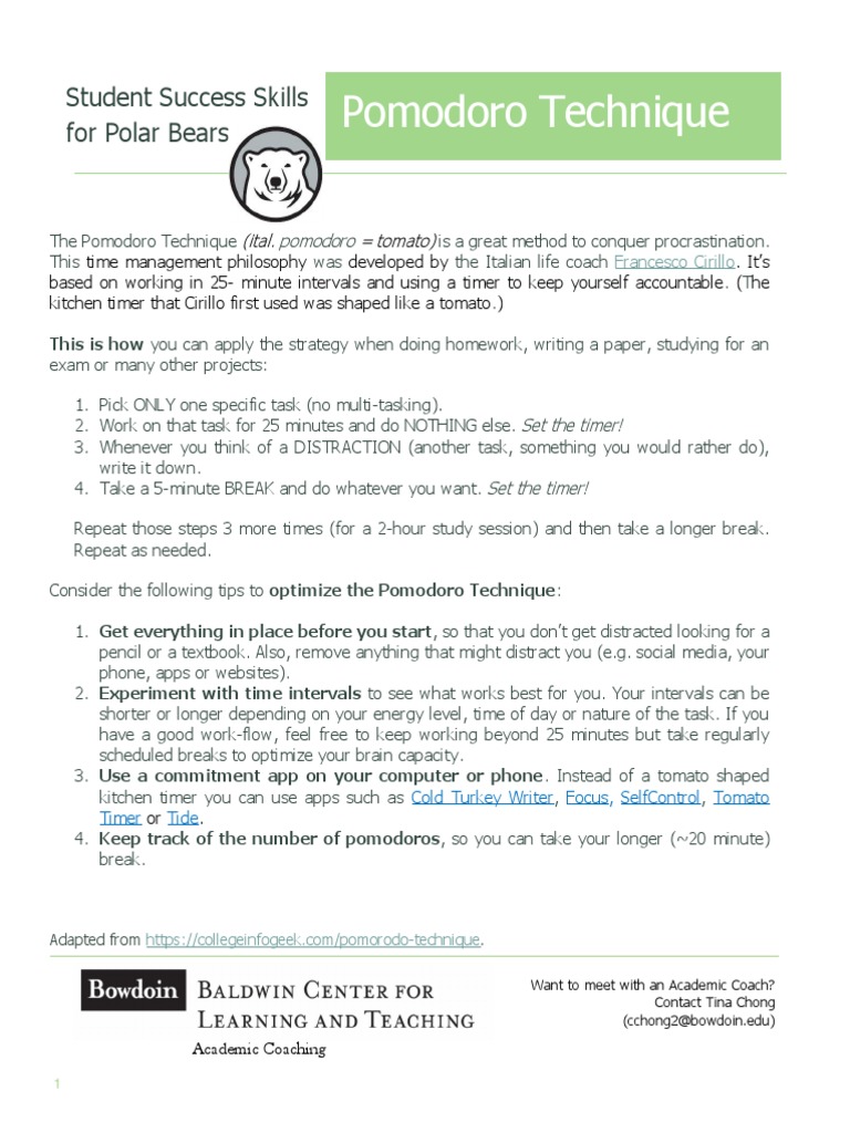 Pomodoro Technique: Student Success Skills For Polar Bears | PDF